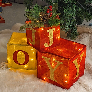Hourleey Set of 3 Christmas Lighted Gift Boxes, Pre-lit 60 LED Light Up Joy Present Boxes Ornament Decorations for Indoor Outdoor Xmas Tree Home Yard Lawn Decor
