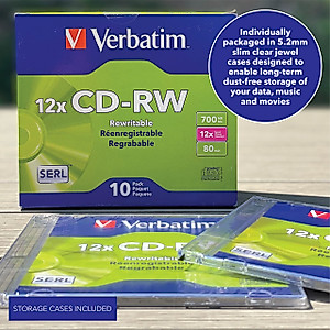 Verbatim CD-RW 700MB 4X-12X Rewritable Blank Media - 10 Discs in Slim Jewel Cases,Silver