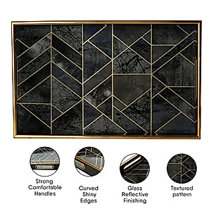 Serving Tray –Coffee Table Tray –Elegant Decorative Tray –PS and Printed Glass Table Tray –Practical and Sturdy Design –Easy to Clean and Washable(Black and Grey,15.6x10x1.8 Inches)