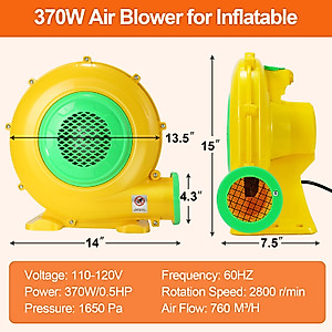 Bounce House Blower, 370W/0.5HP Commercial Air Blower with Double-Sided Fan Blade Design, Strong Wind and Great Heat Dissipation Properties for Bouncy Castle, Jump Slides, Arch, Inflatables