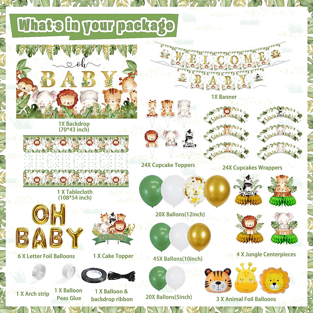 Safari Jungle Baby Shower Decorations, Jungle Animal Party Supplies Decor for Boy Girl Showers Birthdays with Banners Cake Topper Cupcake Topper Balloons Sash Corsage