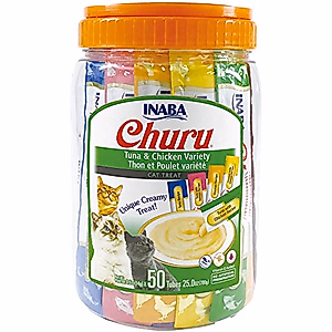 INABA Churu Cat Treats, Grain-Free, Lickable, Squeezable Creamy Purée Cat Treat/Topper with Vitamin E & Taurine, 0.5 Ounces Each Tube, 50 Tubes, Tuna & Chicken Variety