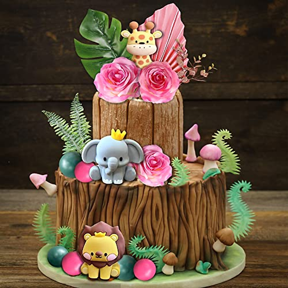 UFROMSKY 22pcs Safari Jungle Animal Cake Toppers Flower Balls Cake Decoration with Boho Palm Leave Forest Animal Toys and Artificial Flowers for Boys Girls Safari Theme Birthday Party Supplies