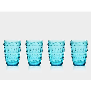Euro Ceramica Fez Collection Drinkware and Glasses, 14oz Highball Set of 4, Teardrop Mandala Design, Turquoise