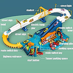 Juqic Car Playset Toy Ramp Track Set Model Vehicles Racer Cars Play Set with 8 Mini Racer Cars and 4 Dinosaur Cars Track for Preschool Boys Gifts for Kids Ages 3 Years or Older Children (City Highway)