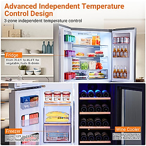 Takywep 4 Door French Door Refrigerator, 21 Cu.Ft Counter Depth Stainless Steel Refrigerators, Multifunctional Fridges with Freezer, Refresh, and Wine Cooler for Kitchen, Bedroom, Office, Dorm