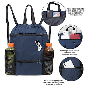 BeeGreen Navy Blue Drawstring Backpack Bag Cinch Sack Backpack with Zipper Pockets and Mesh Water Bottle Holders Beach Backpack Large 18" L x 15" W Gym Sprots Swim Bag