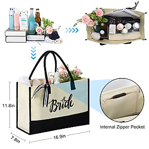 Bride Tote Bag Bridal Shower Gifts Embroidered Canvas Personalized Bridal Bag Engagment Wedding Honeymoon Gifts for Bride at Bachelorette Party Gift for Friend Trip Handbag with Internal Zipper Pocket