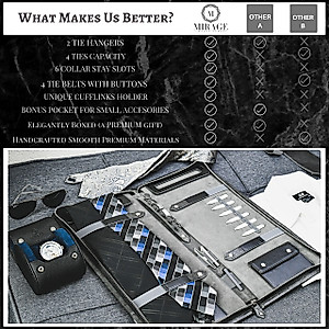 Tie Case Travel Organizer for Men - with Bonus Cufflinks Storage, Collar Stays Slots, Pocket for Small Jewelry - Graphite Black Motif