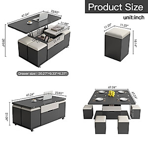 GraceNook 3 in 1 Mutifunction Coffee Table, Lift Top Coffee Table with 4 Seats, Coffee Table with Storage Lift Up Pu Stools,Coffee Table Converts to Dining Table for Living Room, Bedroom