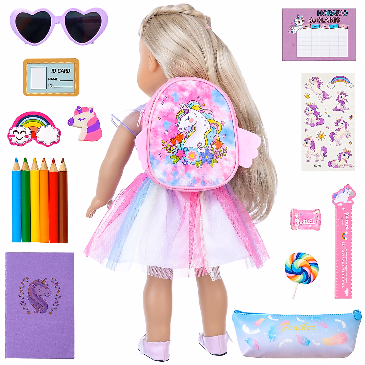 ECORELF 18 Inch Girl Doll Accessories and Clothes ,13Pcs School Supplies Set Included Doll Clothes Unicorn Print School Backpack, Pencil, Stationery, Random Sticker and Notebook,etc