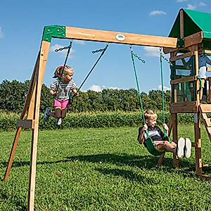 Backyard Discovery Buckley Hill Wooden Swing Set, Made for Small Yards and Younger Children, Two Belt Swings, Covered Mesh Fort with Canopy, Rock Climber Wall, 6 ft Slide Green