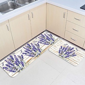 Purple Floral Kitchen Mats Cushioned Anti Fatigue 2 Piece Set Non Skid Waterproof Kitchen Floor Mats, Standing Kitchen Mat Lavender Lilac Flowers on Wooden Plank