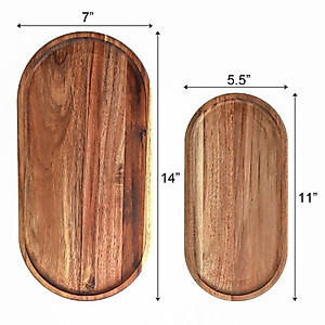 Elsjoy Set of 2 Acacia Wooden Serving Trays, Natural Wood Serving Platters Set with Lip, Oval Charcuterie Plates Board Rustic Long Bread Fruit Dishes for Kitchen Decor, 14"x7" and 11"x5.5"