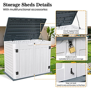 UDPATIO Outdoor Storage Cabinet 35 Cu Ft, Resin Horizontal Outdoor Trash Can Storage Box Lockable Shed 4 x 2 ft for Garbage, Garden Tools, Lawn Mowers, Light Gray