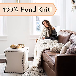 Adyrescia Chunky Knit Blanket Throw | 100% Hand Knit with Jumbo Chenille Yarn (40"x50", Cream White)