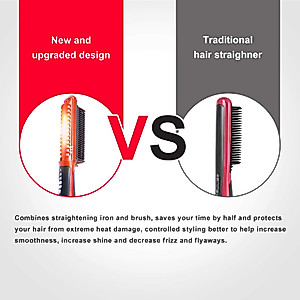 Minidiva 2-in-1 Hair Curler and Straightener with Anti-Scald, 30s Fast Ceramic Heating, 6 Heat Levels, Auto Off, 360 Swivel Cord Portable Hot Hair Straightener Brush for Home, Travel (Red)