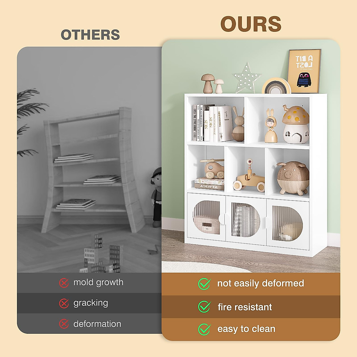 NODHM Toy Storage Organizer and Storage, Metal Toy Organizers with 5 Storage Cubbies and 3 Storage Cabinets, Book Shelf for Kids Rooms,Nursery, Playroom, Bedroom