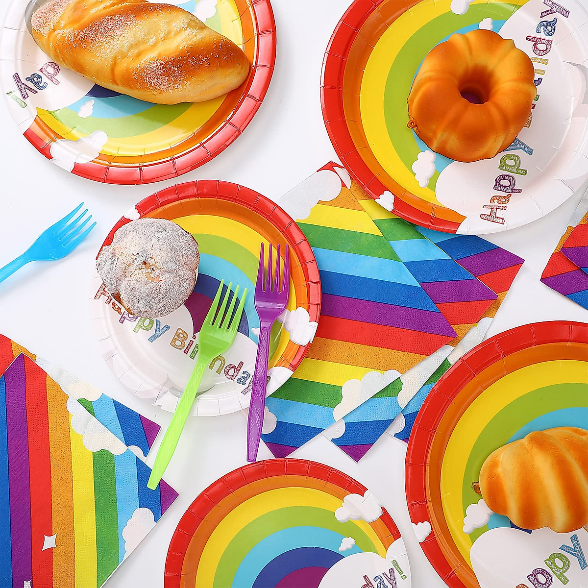 100 Pcs Rainbow Party Supplies Include 7 Inch Rainbow Party Plates 9 Inch Party Plates Napkins and Tableware Forks Spoons for 20 Guests Birthday Party Decorations(Rainbow Style)