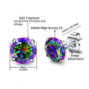 VOJO G23 Titanium Cubic Zirconia Earrings Studs for Sensitive Ears Hypoallergenic Birthstone Diamond Tiny Stud Earrings for Women (6mm, CZ Rainbow)
