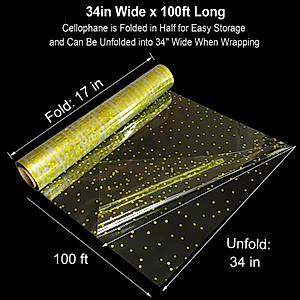 SYOGUA 100ft X 34in Extra Wide Clear Cellophane Wrap with Gold Polka Dots, Transparent Thicker Clear Cellophane Wrapping Paper, Clear Gift Wrap Cellophane Roll for Baskets, Treats, Holiday, Christmas Gifts