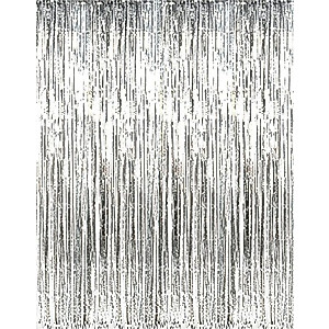 GOER 6.4 ft x 9.8 ft Metallic Tinsel Foil Fringe Curtains,Pack of 2 Party Streamer Backdrop for Birthday,Graduation Decorations and New Year Eve (Silver)