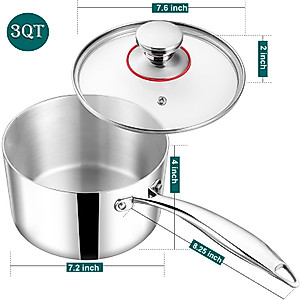 TeamFar 3qt Saucepan with Lid, Stainless Steel Tri-ply Pasta Sauce Milk Pan Small Cooking Pot with Ergonomic Handle, for Induction/Gas/Electric/Ceramic, Healthy & Heavy Duty, Dishwasher Safe