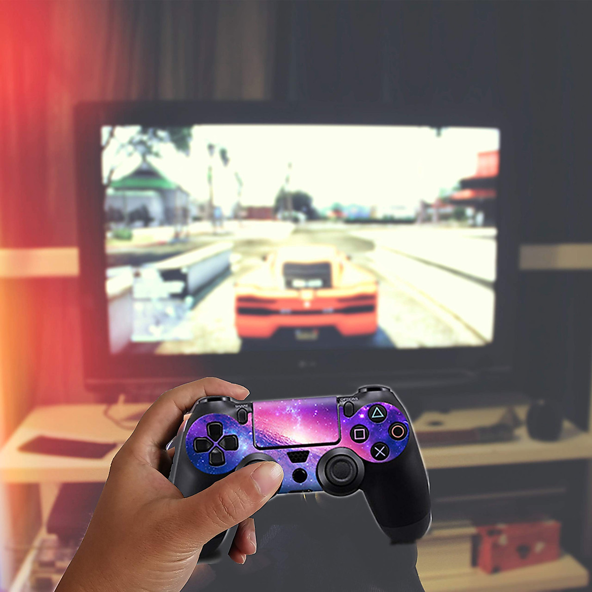 Ps4 Stickers Full Body Vinyl Skin Decal Cover for PlayStation 4 Console Controllers (with 4pcs Led Lightbar Stickers)(PS4 Console (Pink Starry Sky))