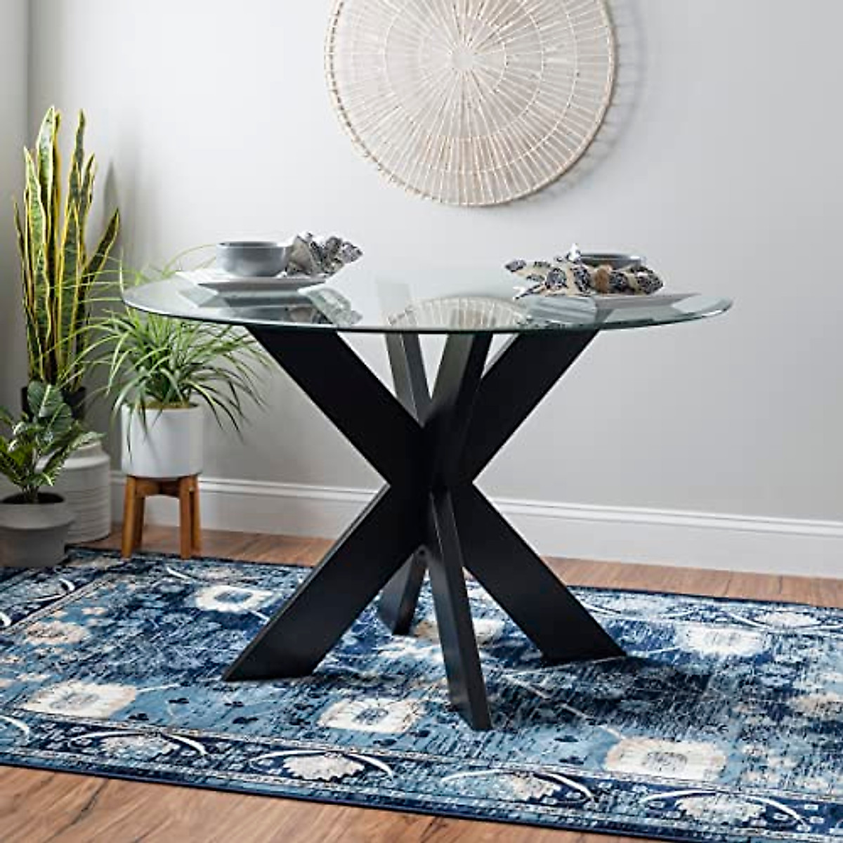 Powell Black Wood Modern Round Glass Top Parnell X Base Dining Table