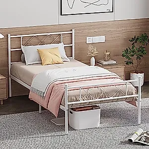 Weehom Twin Bed Frames for Kids Mattress Foundation No Box Spring Needed Large Storage Space Platform Bed Twin White