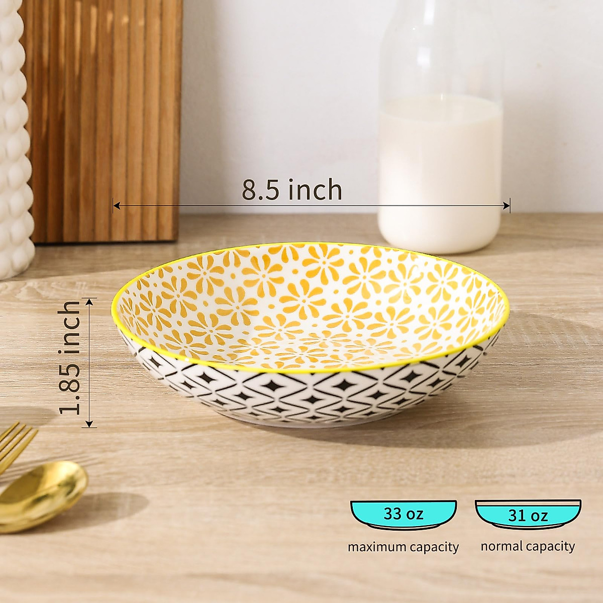 KOLLOV Pasta Bowls, 33oz Large Salad Bowl, Stoneware Serving Bowl Plates Set of 4 for kitchen, 8.5" Wide Bowl Dishes for Pasta, Soup, Fruit, Microwave Safe