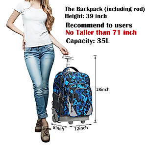 WEISHENGDA 18 inches Wheeled Rolling Backpack for Adults and School Students Short Trip Books Laptop Trolley Bags, Blue Camo
