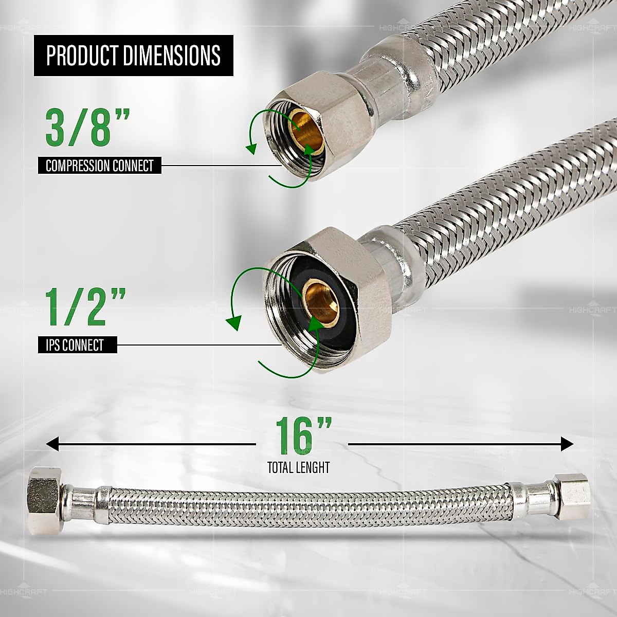 Highcraft CNCT27116-OM-2 Braided Faucet Connector 16" Long, 1/2" IPS Brass Nut X 3/8 Female Fitting, Stainless Steel Lead-Free, 2 Pack