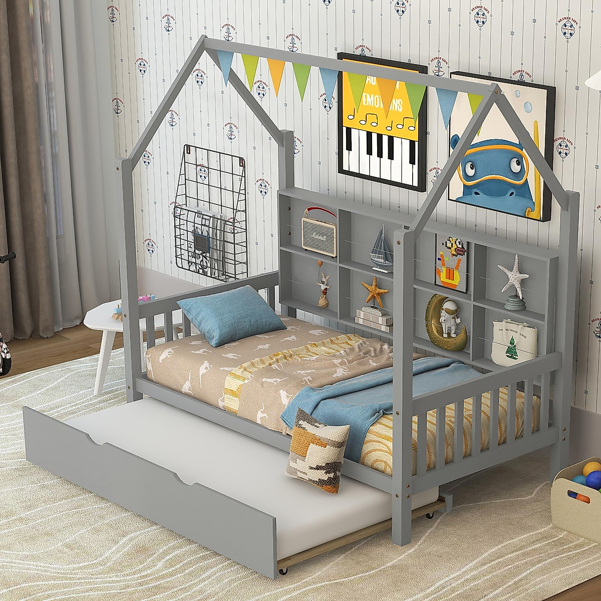 Bellemave Twin Size House Bed with Trundle and Storage Shelves, Montessori Bed Wood Playhouse Bed Frame,Wooden Kids Bed Frame with Roof Design(Twin,Gray)