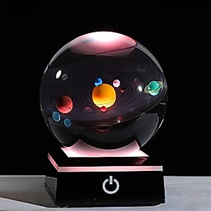 3D Crystal Ball with Solar System Model and LED lamp Base, Clear 80mm (3.15 inch) Solar System Crystal Ball, Best Birthday Gift for Kids, Teacher of Physics, Girlfriend Gift, Classmates and Kids Gift