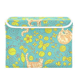 senya Large Collapsible Storage Bins with Lids, Cats on Turquoise Background Storage Baskets Organizer Containers with Handles for Nursery Clothes Toys
