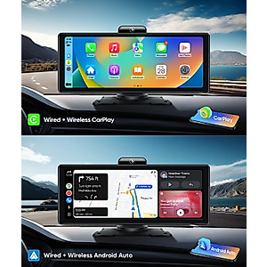 10.26'' Wireless Carplay and Android Auto, Portable Car Stereo with 4K Dash Cam, 1080P Backup Camera, Drivemate Carplay Screen with Bluetooth/Navigation/MirrorLink