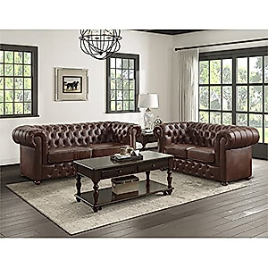 Pemberly Row Chesterfield Tufted Faux Leather Sofa, 3 Seater Antique Roll Arm Sofa Couch for Home Living Room, Dark Cognac Brown