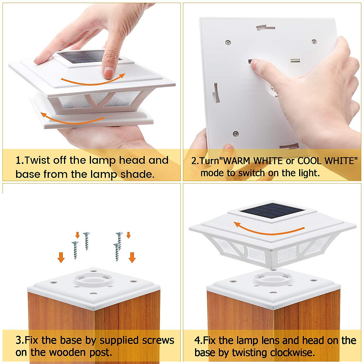 SIEDiNLAR Solar Post Lights Outdoor 2 Modes LED Fence Deck Cap Light for 4x4 5x5 6x6 Posts Garden Patio Decoration Warm White/Cool White Lighting White (2 Pack)