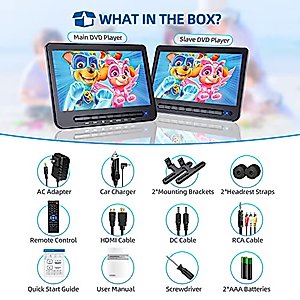 DESOBRY 10.5" Portable DVD Player for Car, Car DVD Player Dual Screen with HDMI Input, 5-Hour Rechargeable Battery, HD Transmission, Headrest DVD Player Supports USB, Last Memory (1 Player+1 Monitor)