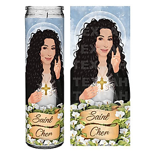 Saint Cher Celebrity Prayer Devotional Parody Candle - 8" white, unscented glass