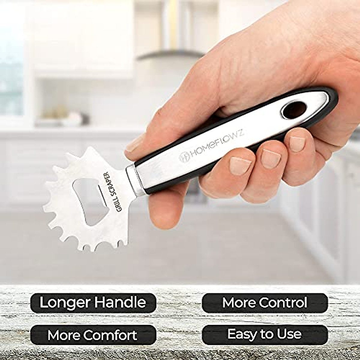 Homeflowz Grill Scraper - Bristle Free Grill Grate Scraper - Fits Any BBQ Grilling Grate or Griddle - Grill Scraper Tool with Bottle Opener - Premium Stainless Steel Grill Scraper