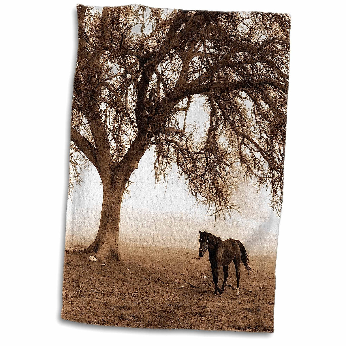 3D Rose Western Sepia Toned Horse on a Ranch with an Oak Tree TWL_202972_1 Towel, 15" x 22", Multicolor