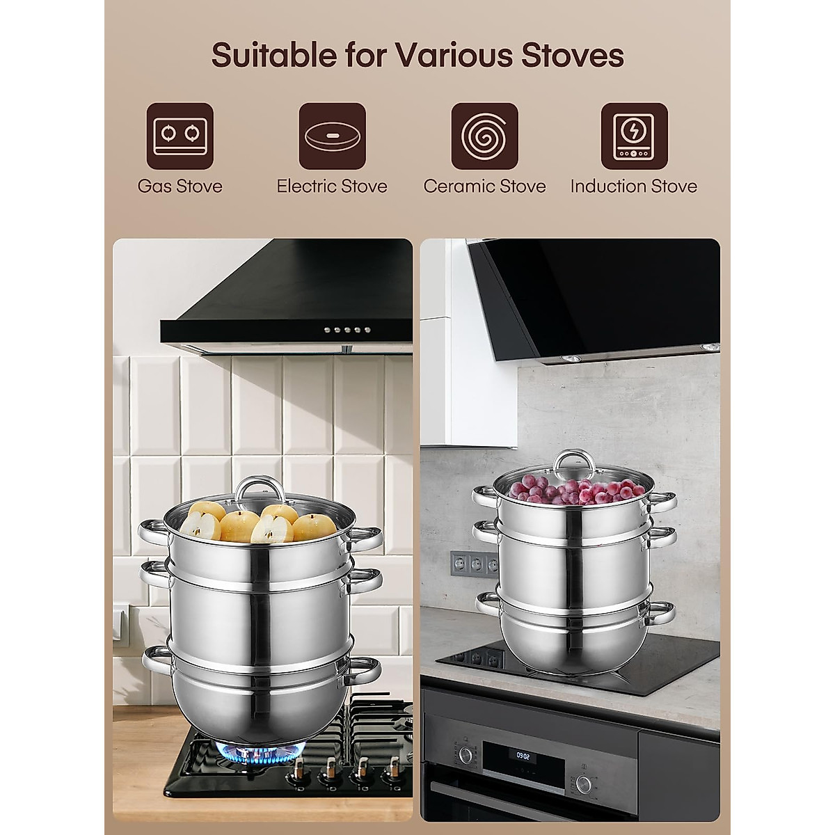 FOHERE 11Qt Steam Juicer Extractor for Canning, Juice Steamer Stainless Steel for Fruit & Vegetables with Glass Lid, Hose, Clamp, Loop Handles, Multipots Cookware for Making Juice, Jelly, Sauces