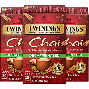 Twinings Decaffeinated Chai Tea, Black Tea Blend with Cinnamon, Ginger, Cardamon, Cloves for a Sweet and Spicy Flavor, 20 Count (Pack of 3)