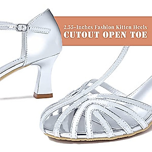 T-Strap Kitten Heels for Women Comfor Low Heel Sandals Vintage Cutout Closed Toe Wedding Party Dress Latin Dance Pumps Sandal Silver US 8