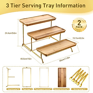 Thyle 2 Pcs 3 Tier Serving Trays Stand Rectangle Bamboo Tiered Serving Platters Dessert Table Display Set with 4 Pcs Tongs Trays with Metal Rack for Easter Wedding Party Food Cupcake(Gold)