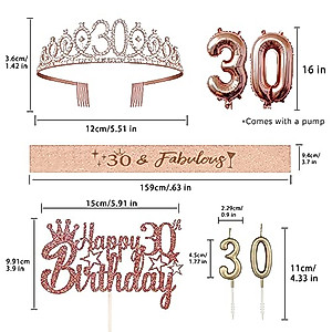 30th Birthday Decorations for Her - 5pcs Gifts Including 30th Tiara Crown, Sash, Cake Toppers, Balloons, Birthday Candles, 30 Birthday Gifts for Women