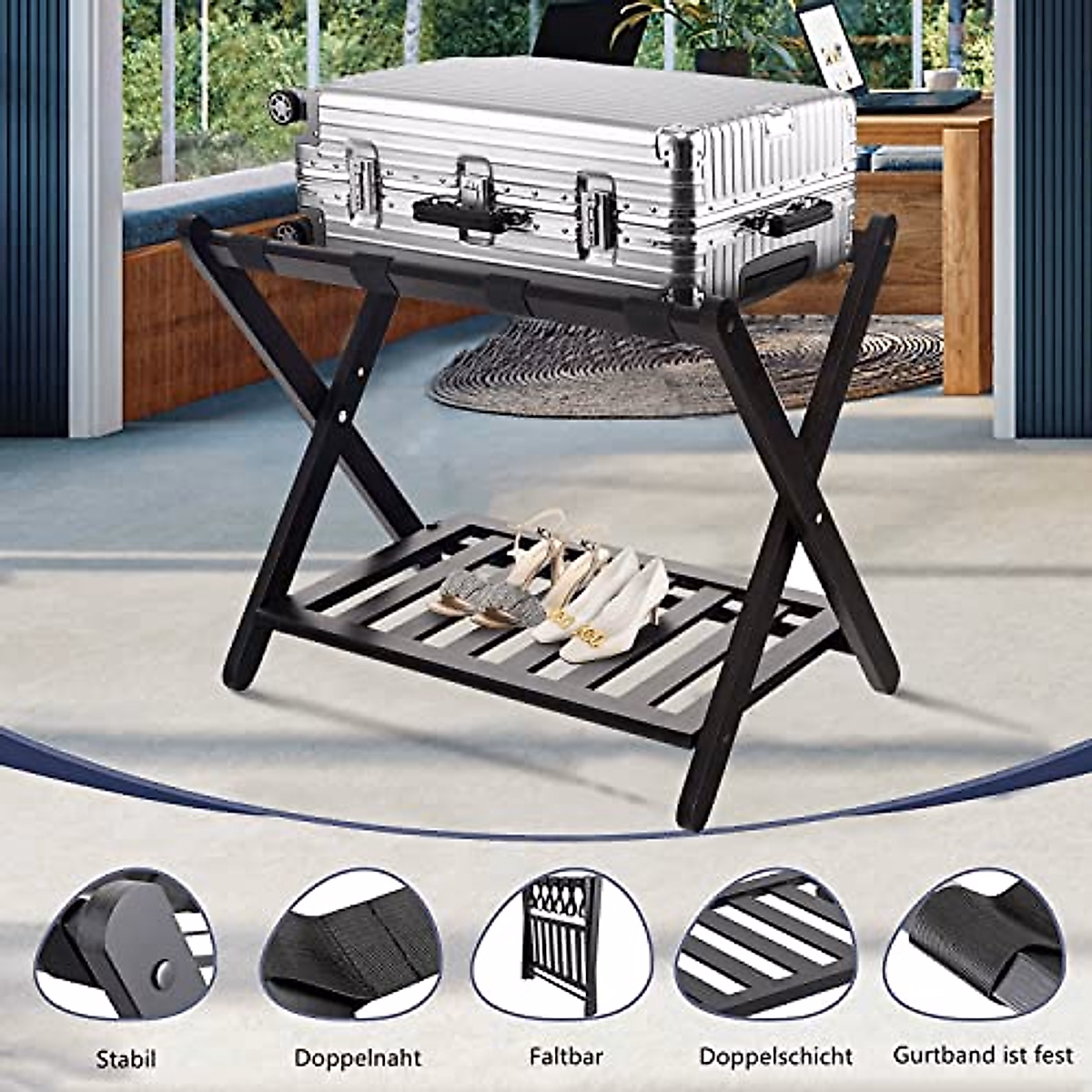 MYOYAY Folding Luggage Rack Bamboo Wood Collapsible Suitcase Stand with Shelf Portable Luggage Holder Ideal for Guest Room Bedroom Hotel, Black