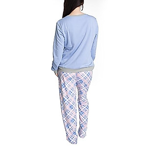 Hanes Women's Holiday Hibernation Longsleeve Top and Pajama Bottom French Terry Sleep and Lounge Set, Blue/Sugar Plaid, Large